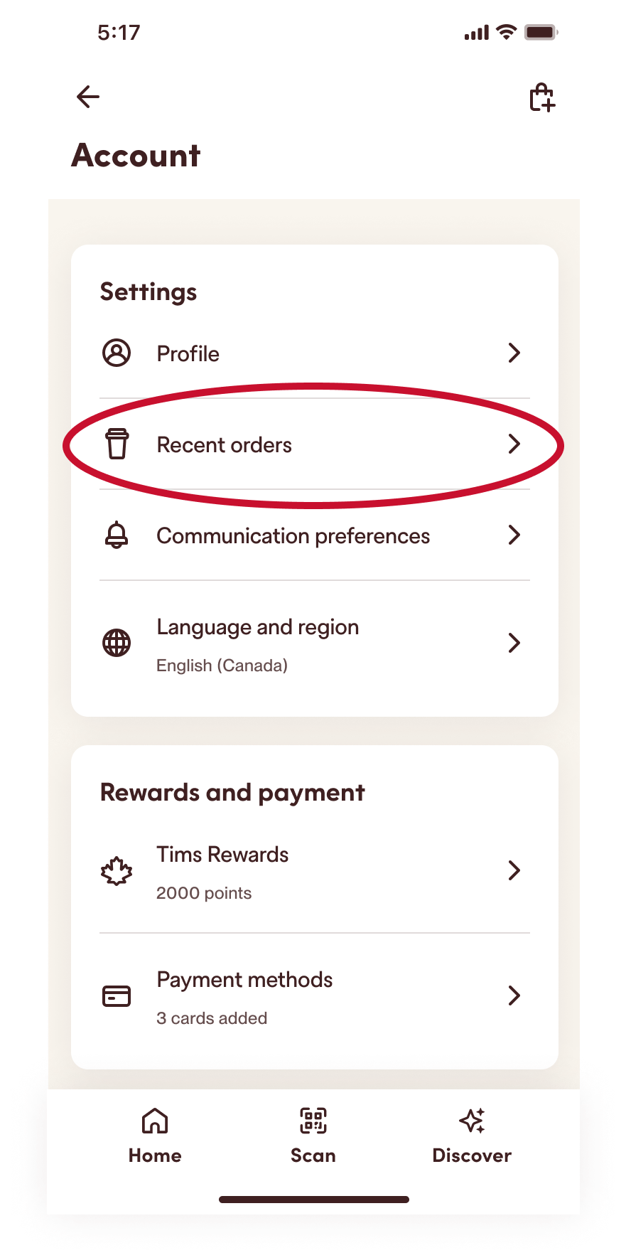 Where can I view my previous mobile orders and receipts in the Tim ...